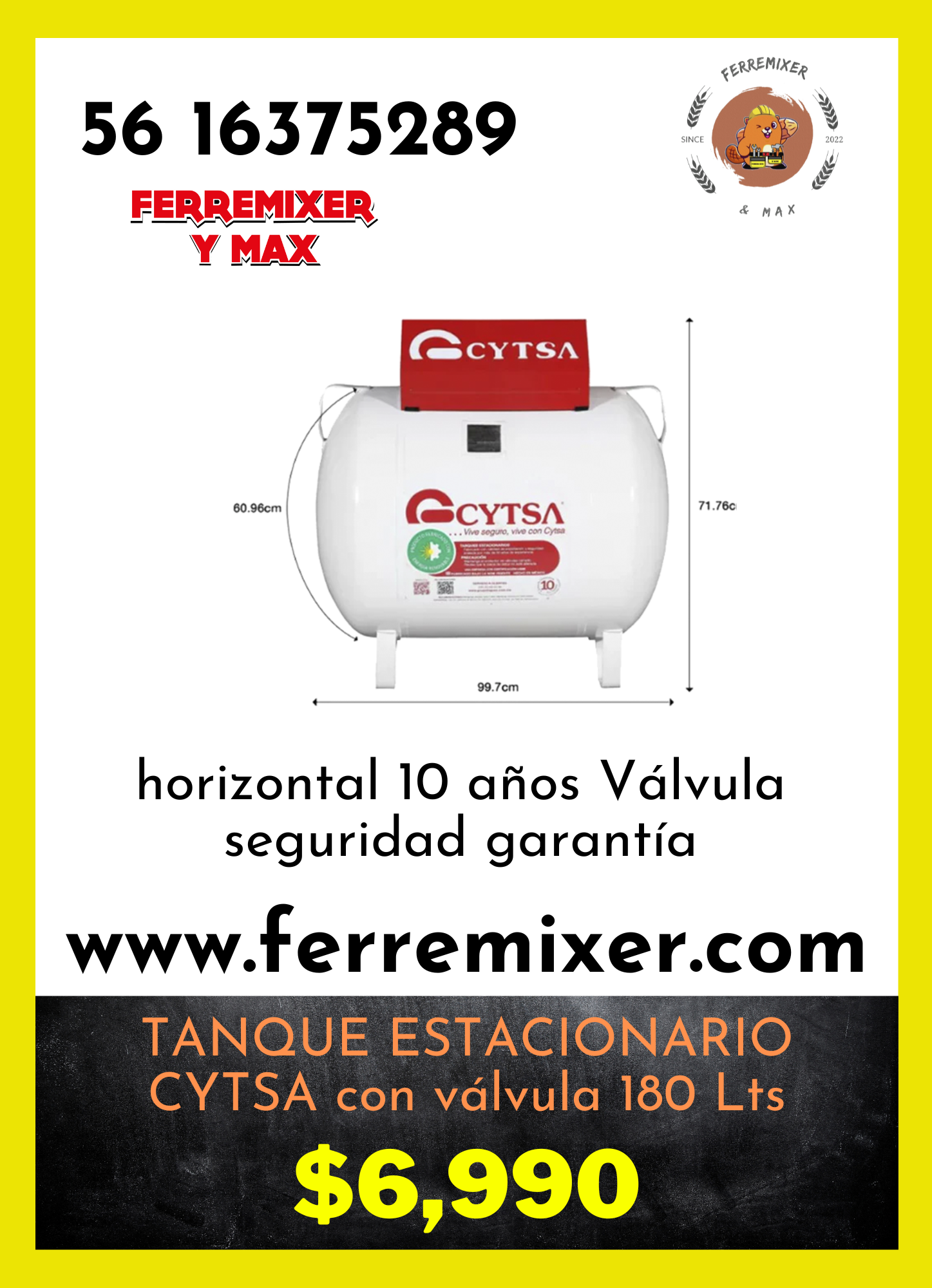GAS LP Tanque Estacionario 180 Lts. 10 años garantía – FERREMIXER & MAX