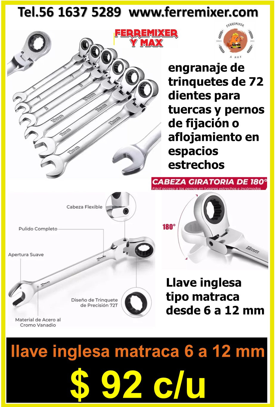 Llave Inglesa combinada tipo Matraca de 6mm a 12 mm trinquetes de 72 d ...
